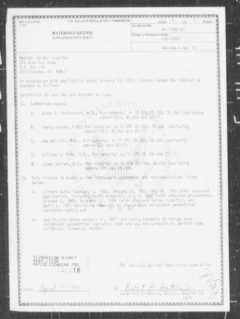 Fillable Online Matls licensing package for amend 15 to license 34-11852-01 for Medical Ctr Hosp ...