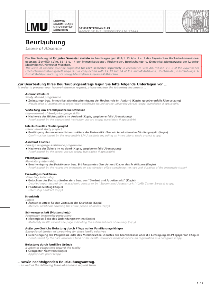 Fillable Online Application for Leave of Absence - Universitt Regensburg Fax Email Print - pdfFiller