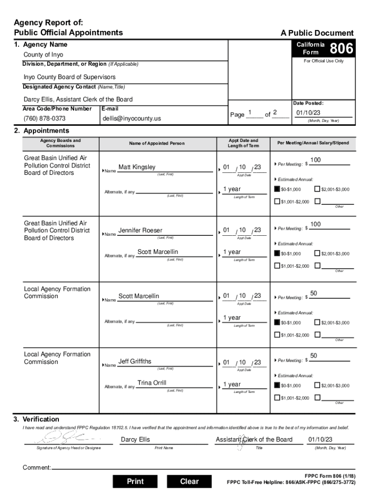 Fillable Online Public Official Appointments Report - Form 806 - City ...
