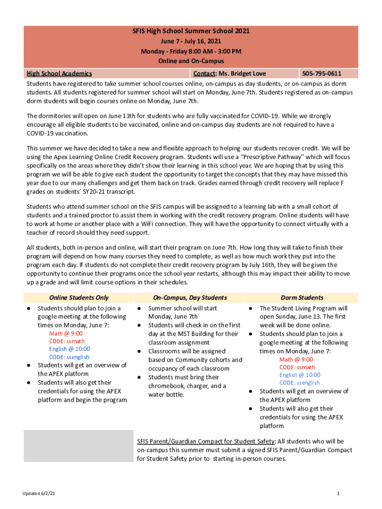 Fillable Online HS 2021 SFIS Summer School Information Sheet Fax Email Print - pdfFiller