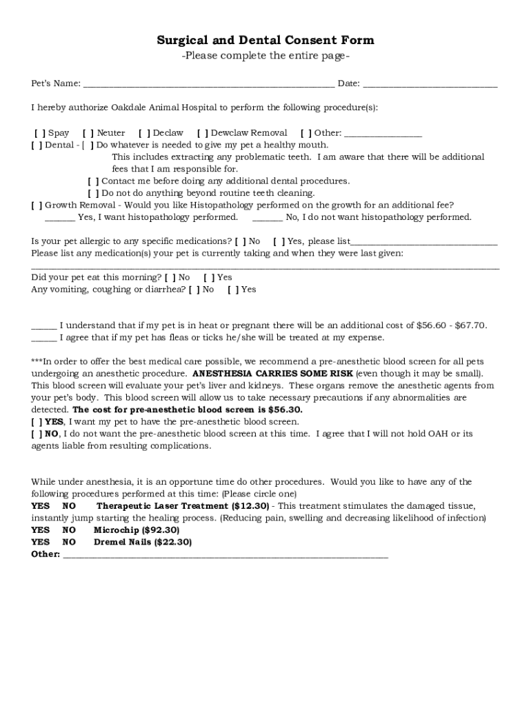 Fillable Online Authorization for Anesthetic Procedure - Spay/Neuter ...