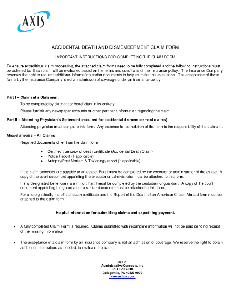 Fillable Online Statement of claim for Accidental Death and ...