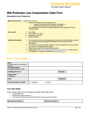 Fillable Online Milk Production Loss Compensation Claim Form Fax Email ...