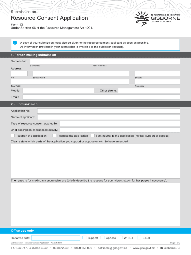 Fillable Online Submission on an application for resource consent - AWS ...