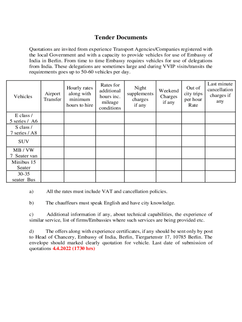 Fillable Online Tender Notice For Hiring Of Vehicles Fax Email Print ...