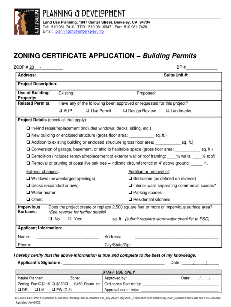 Fillable Online ZONING CERTIFICATE APPLICATIONBuilding Permits Fax ...