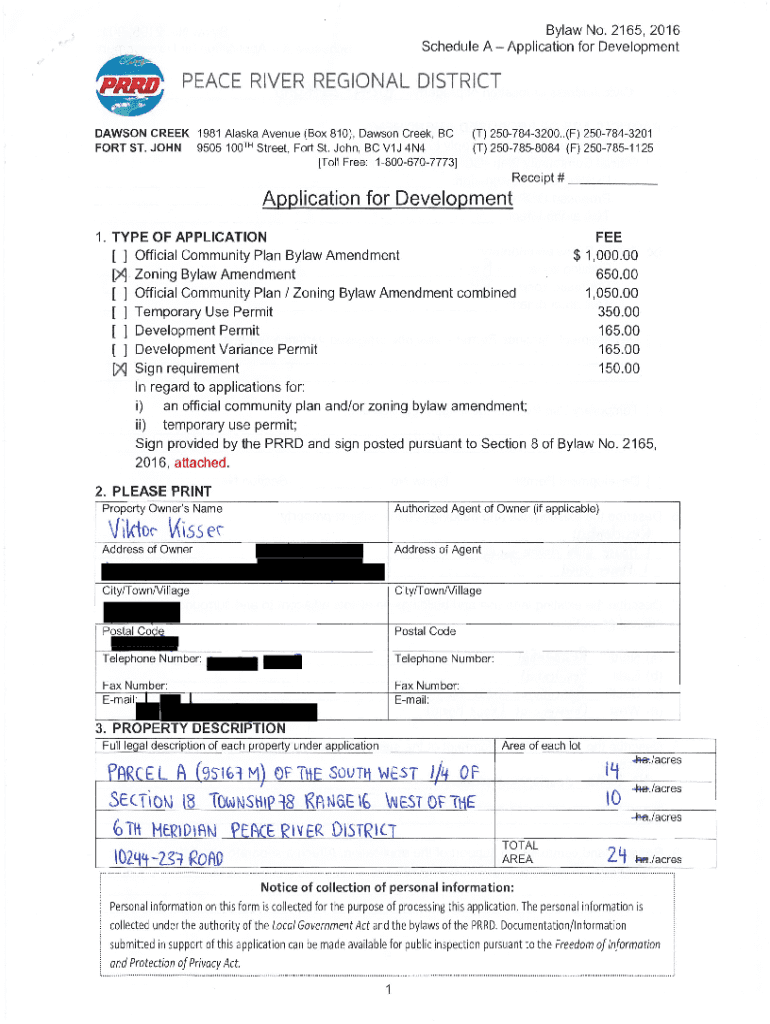 Fillable Online prrd bc Bylaw No. 2165, 2016 Schedule A - Application ...