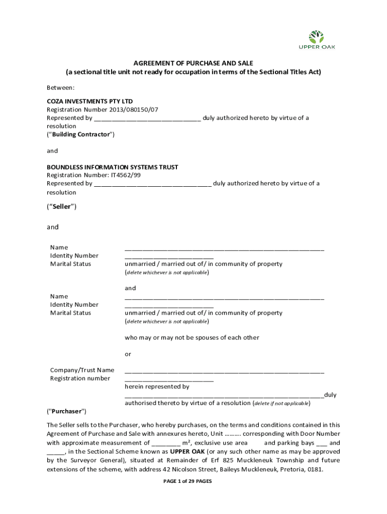Fillable Online AGREEMENT OF PURCHASE AND SALE (a sectional title ...