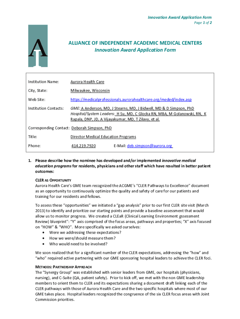 Fillable Online Innovation Award Application Form Fax Email Print ...