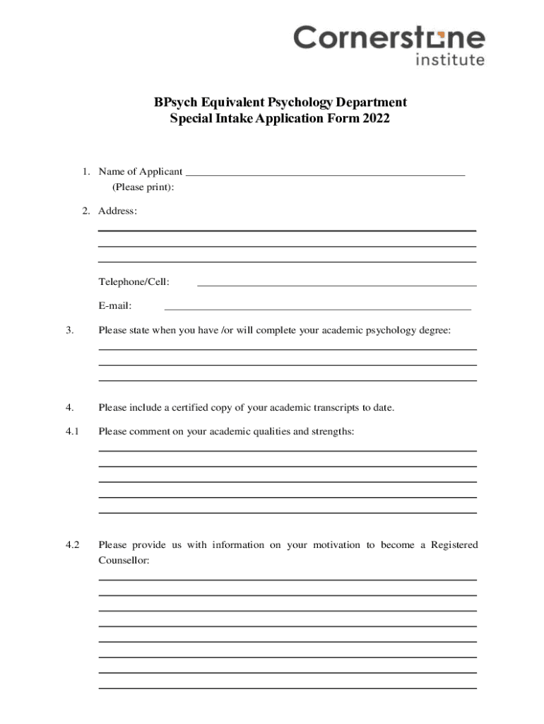Fillable Online BPsych Equivalent Psychology Department Application ...