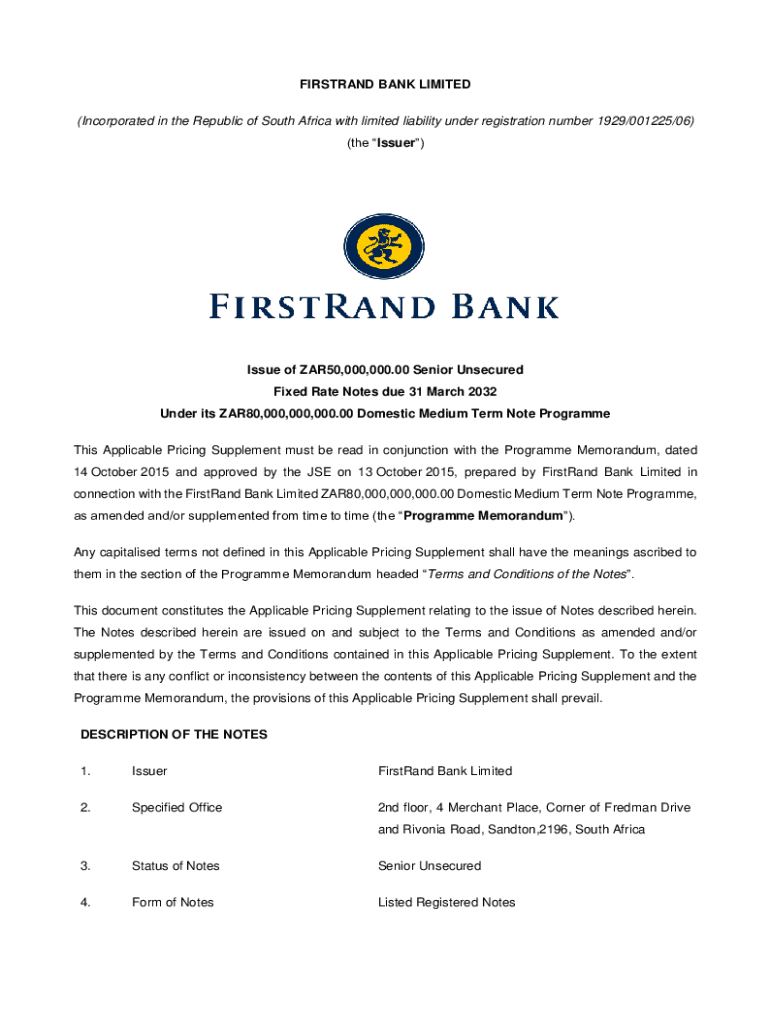 Fillable Online Listing of New Instrument FirstRand Bank Limited ...