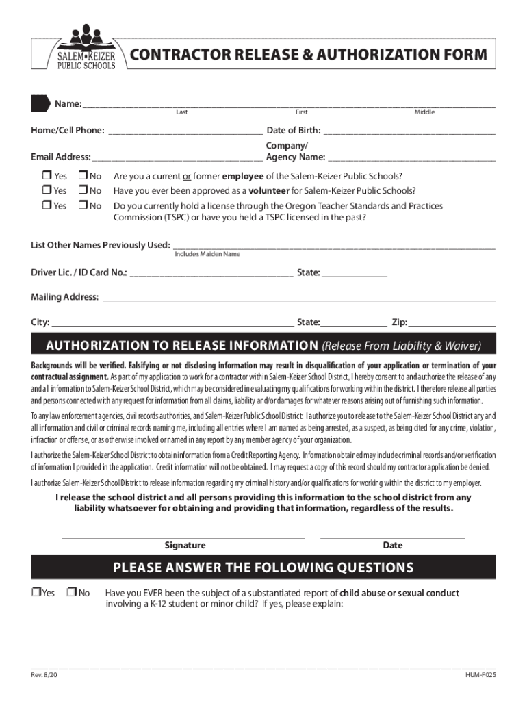 Fillable Online salkeiz k12 or Contractor Release Form Template Fax ...