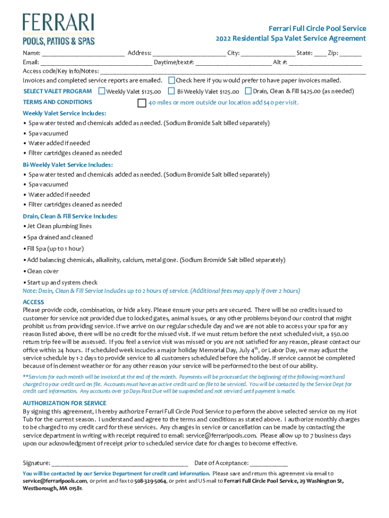 Fillable Online Valet Service Agreement - B&B Custom Pools Fax Email ...