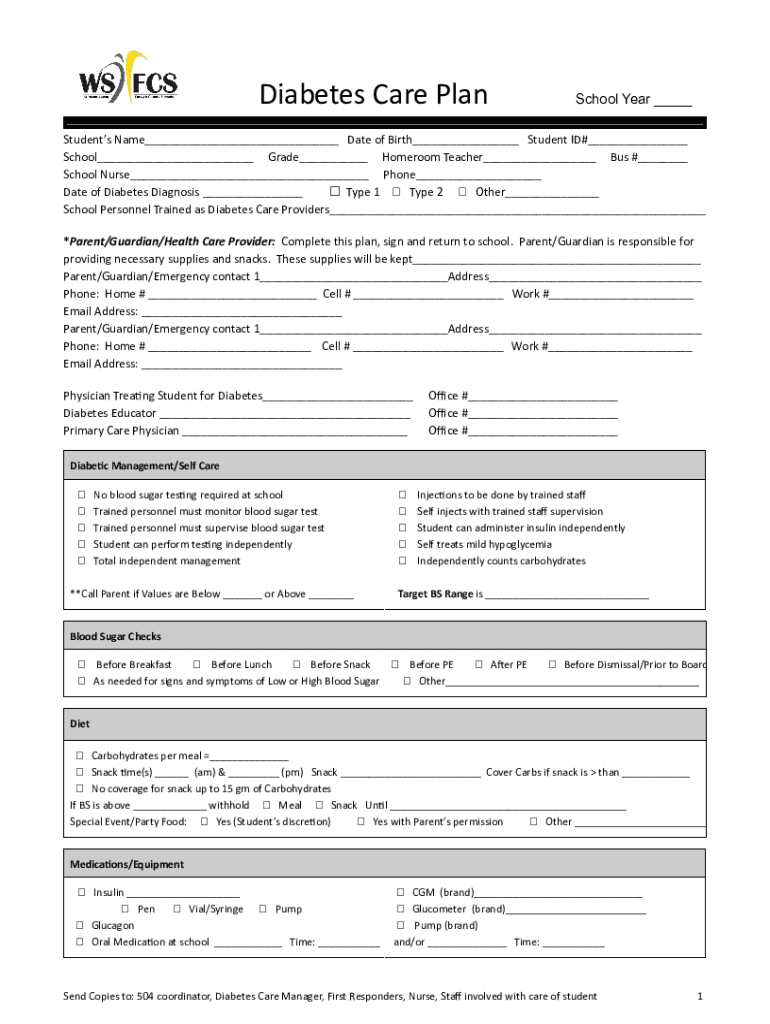 Fillable Online DIABETES MEDICAL MANAGEMENT PLAN School Year - NET Fax ...