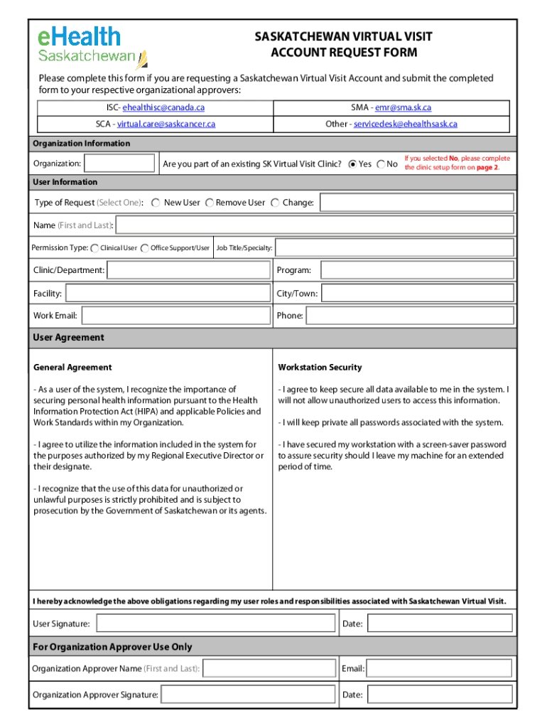 Fillable Online SK Virtual Visit Account Request Form - eHealth ...