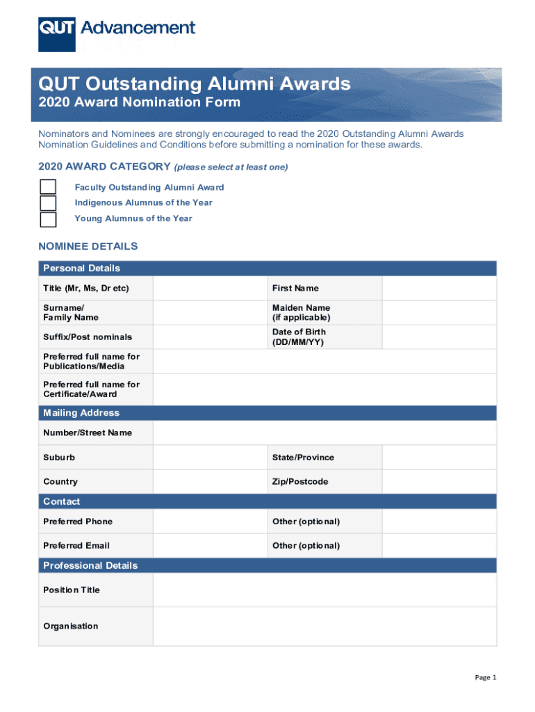 Fillable Online QUT Outstanding Alumni Awards nomination form. QUT Outstanding Alumni Awards ...