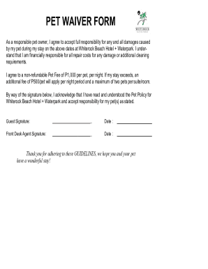 Fillable Online Pet Waiver Form- (DOGS ONLY!!!) - Hotel Le Soleil ...