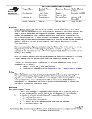 Fillable Online Page 1 of 4 Service Animals Policy and Procedure ...