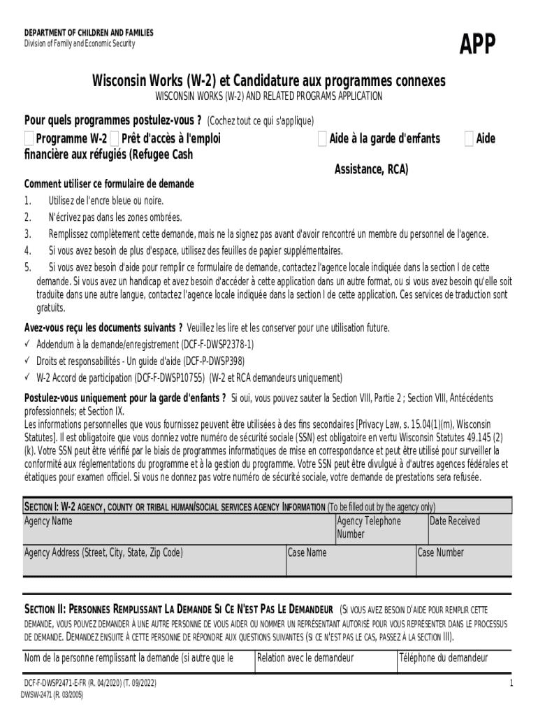 Wisconsin Works (W-2) and Related Programs Application (French), DCF-F ...