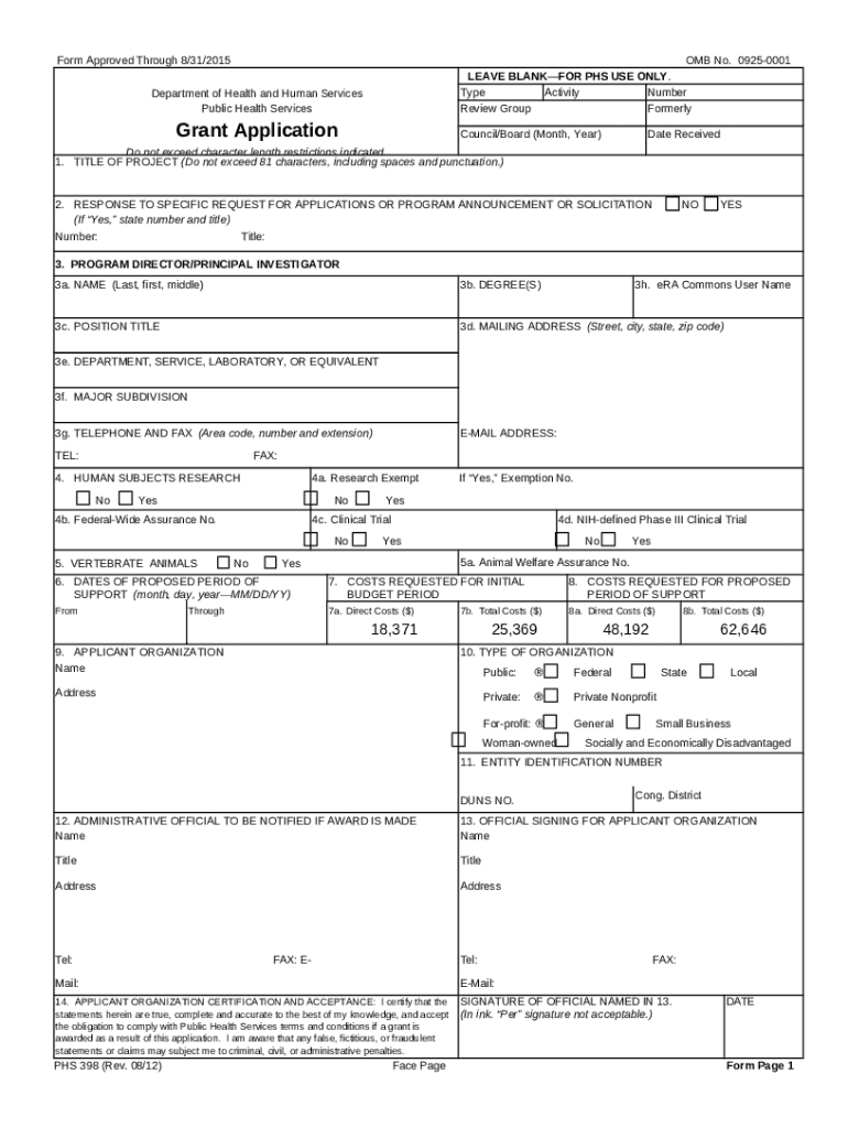 1-PHS 398-Face Page Template Doc Template | pdfFiller