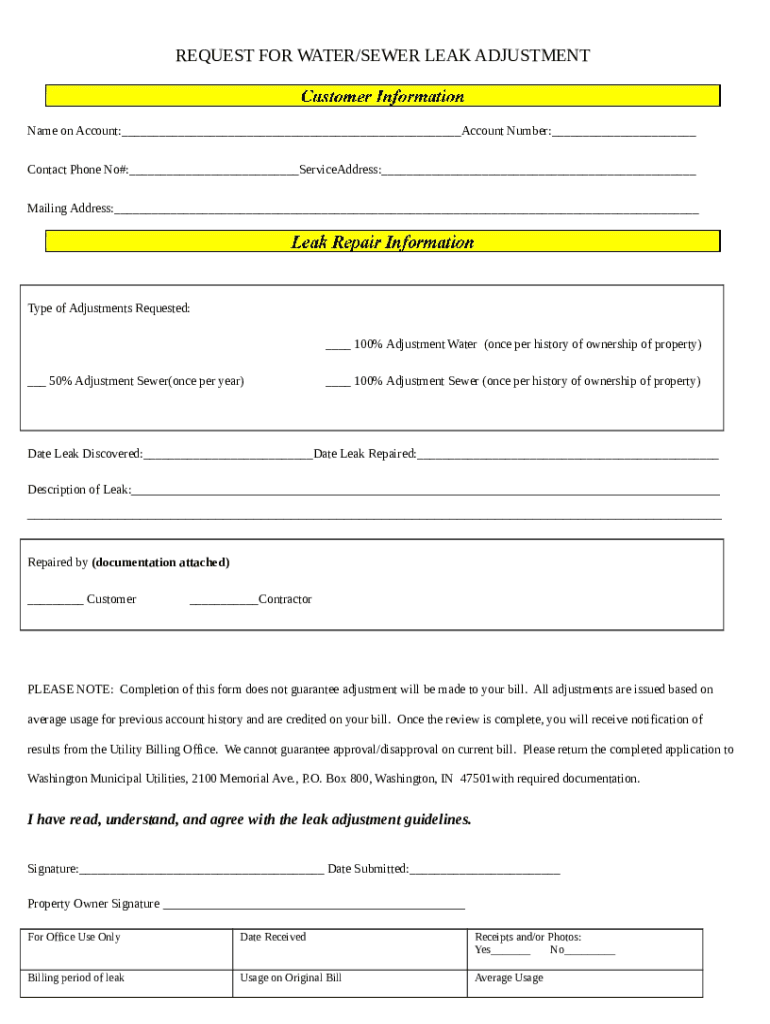 WATER/SEWER LEAK ADJUSTMENT REQUEST Doc Template | pdfFiller