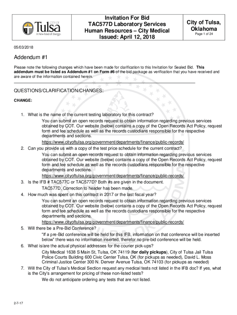 Fillable Online Invitation For Bid TAC577D Laboratory Services ... - City of Tulsa Fax Email ...