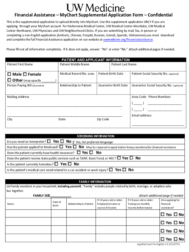 Fillable Online Financial AssistanceMyChart Supplemental Application ...