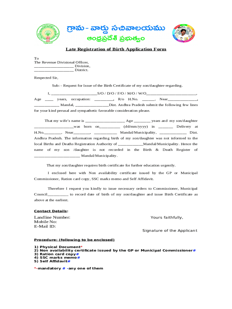 Telangana: Late Registration of Birth : Application Doc Template ...