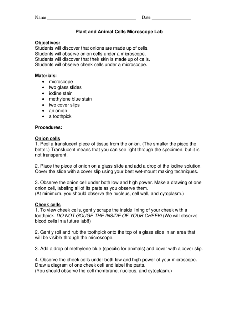 Fillable Online Plant and Animal Cell Investigation Lab Activity - Name ...