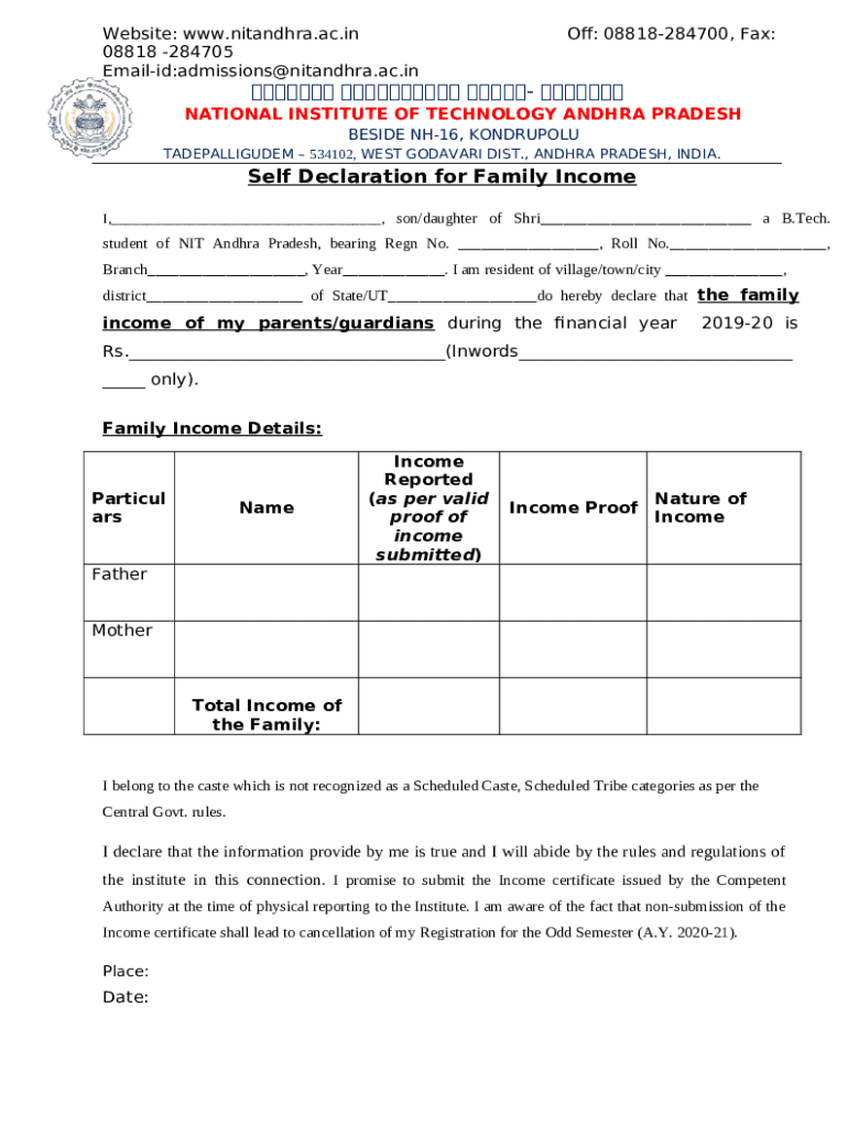 Self Declaration for Family Income - NIT Andhra Pradesh Doc Template ...