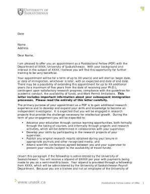 Sample Offer LetterOffice of Postdoctoral Affairs Doc Template | pdfFiller