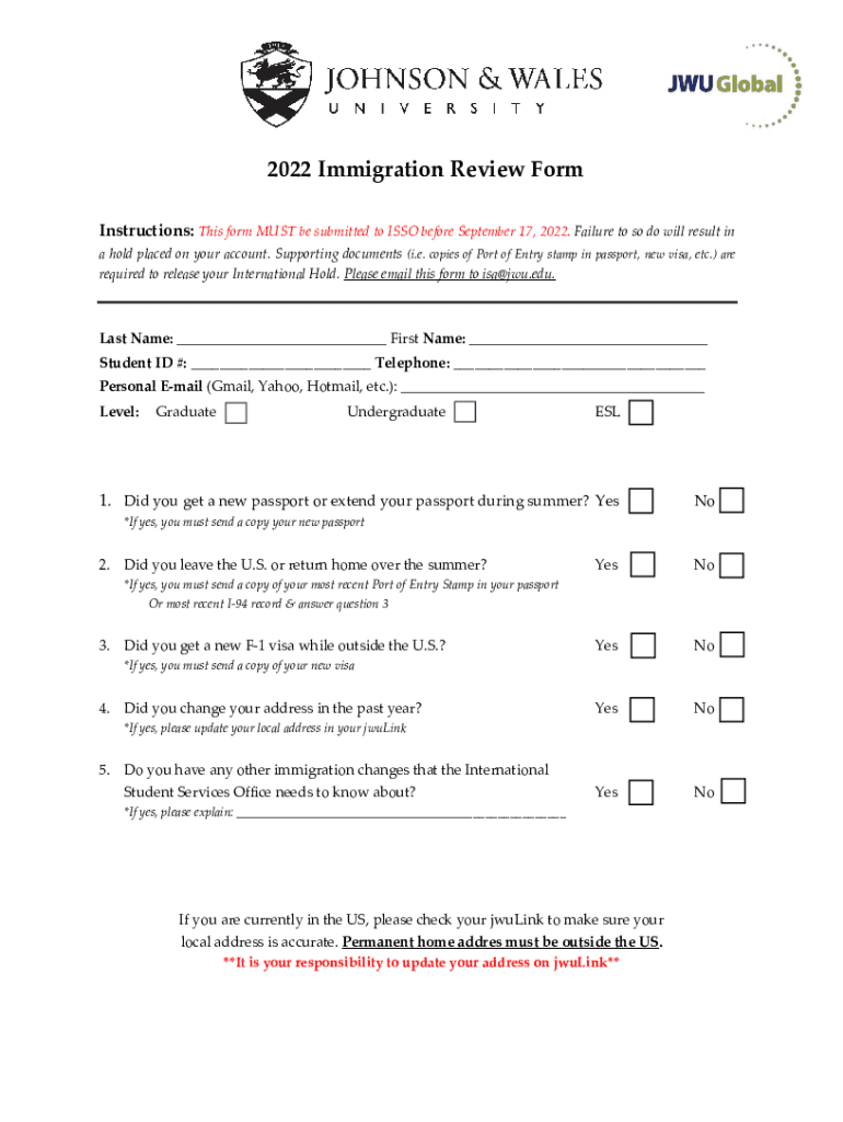 Fillable Online international jwu 2022 Immigration Review Form - JWU ...