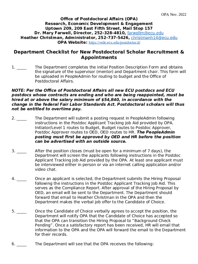 Departmental Checklist for New Postdoctoral Scholars Doc Template ...