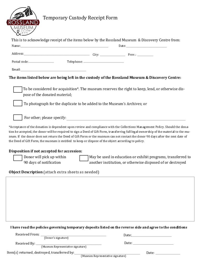 Fillable Online Temporary Custody Receipt Form - Squarespace Fax Email ...