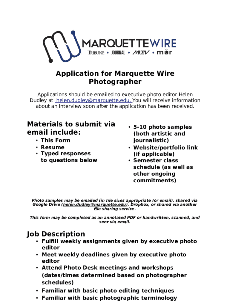 Application for Student Media Photographer.pages Doc Template | pdfFiller