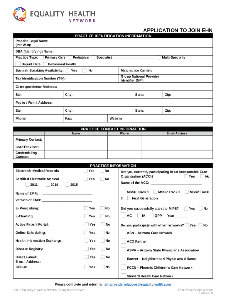 APPLICATION TO JOIN THE EQUALITY HEALTH NETWORK Doc Template | pdfFiller