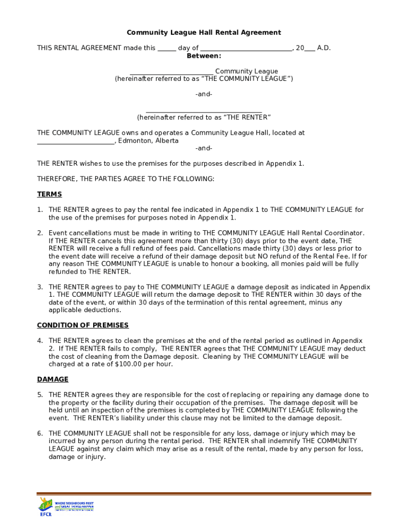 Community League Hall Rental Agreement Doc Template | pdfFiller