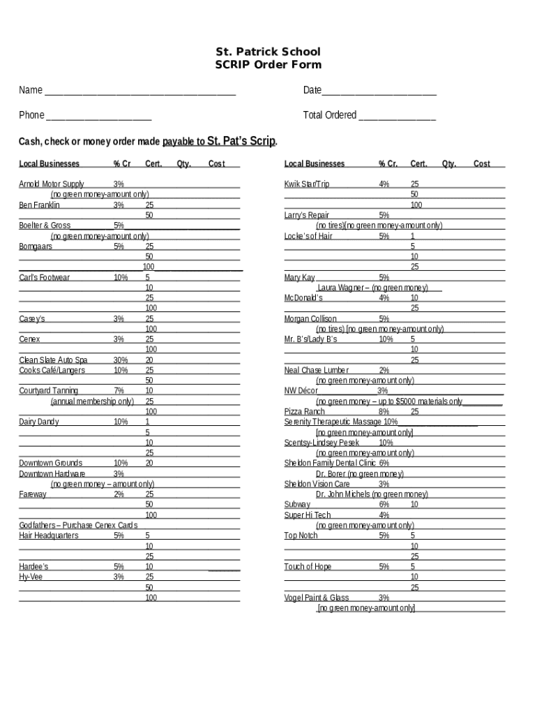 Scrip - Saint Patrick Catholic School Doc Template | pdfFiller
