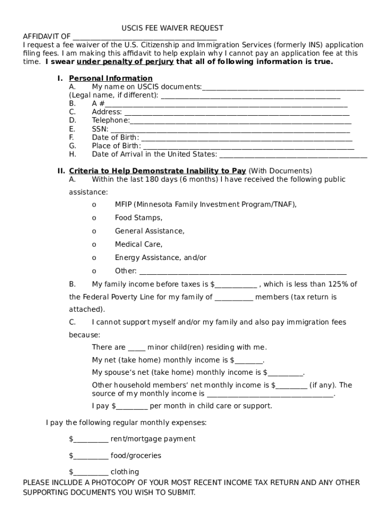 Sample Affidavit In Support for a Fee Waiver Request from ... Doc Template | pdfFiller
