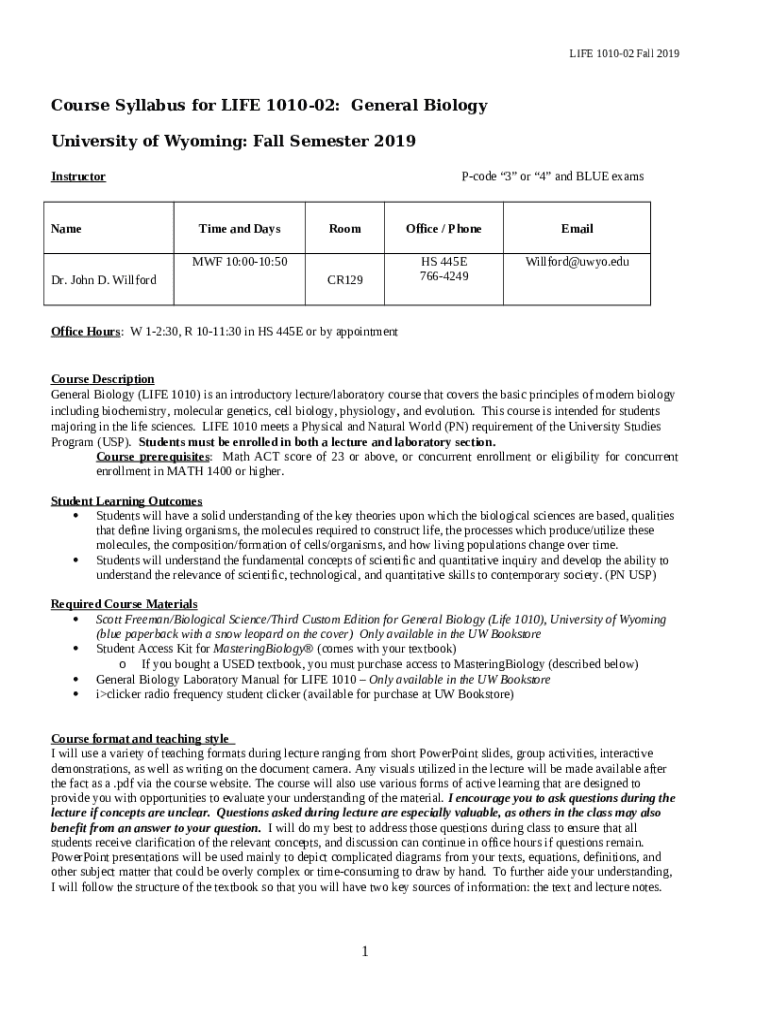 LIFE 1010 Syllabus; - Sci Training Doc Template | pdfFiller