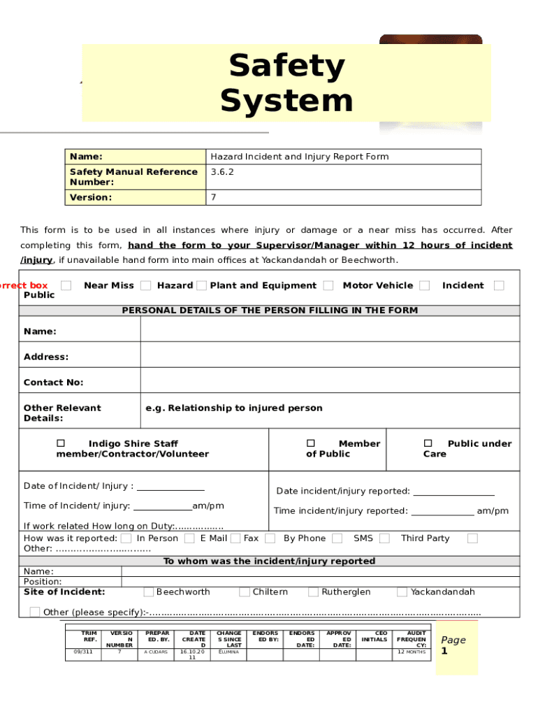 Hazard Incident and Injury Report - Indigo Shire Council Doc Template ...
