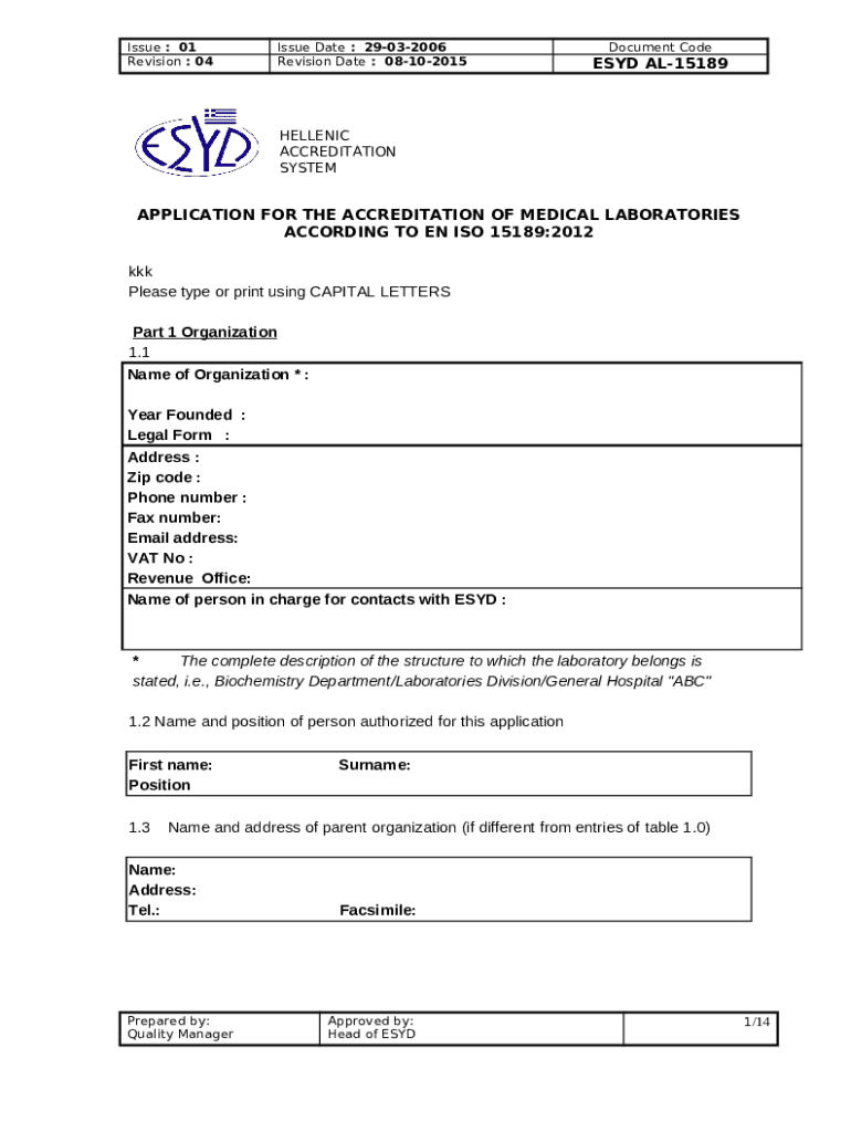 APPLICATION FOR THE ACCREDITATION OF MEDICAL LABORATORIES ACCORDING TO en ISO 15189:2012 Doc ...