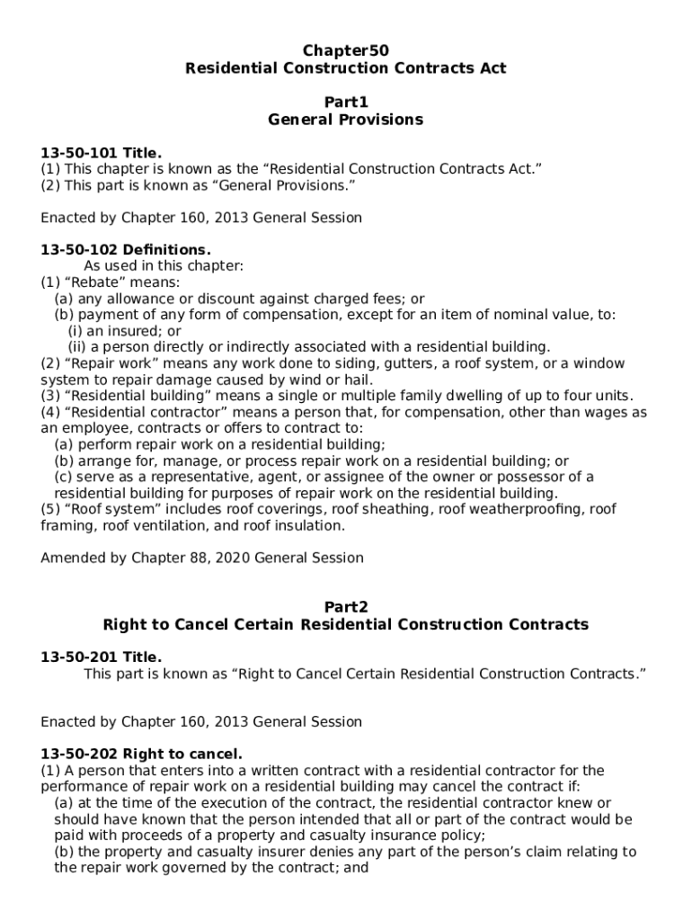 Chapter 50 Residential Construction Contracts Act Part 1 ... - le utah ...