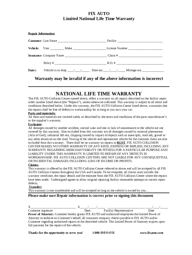 FIX AUTO Limited Life Time Warranty Doc Template | pdfFiller