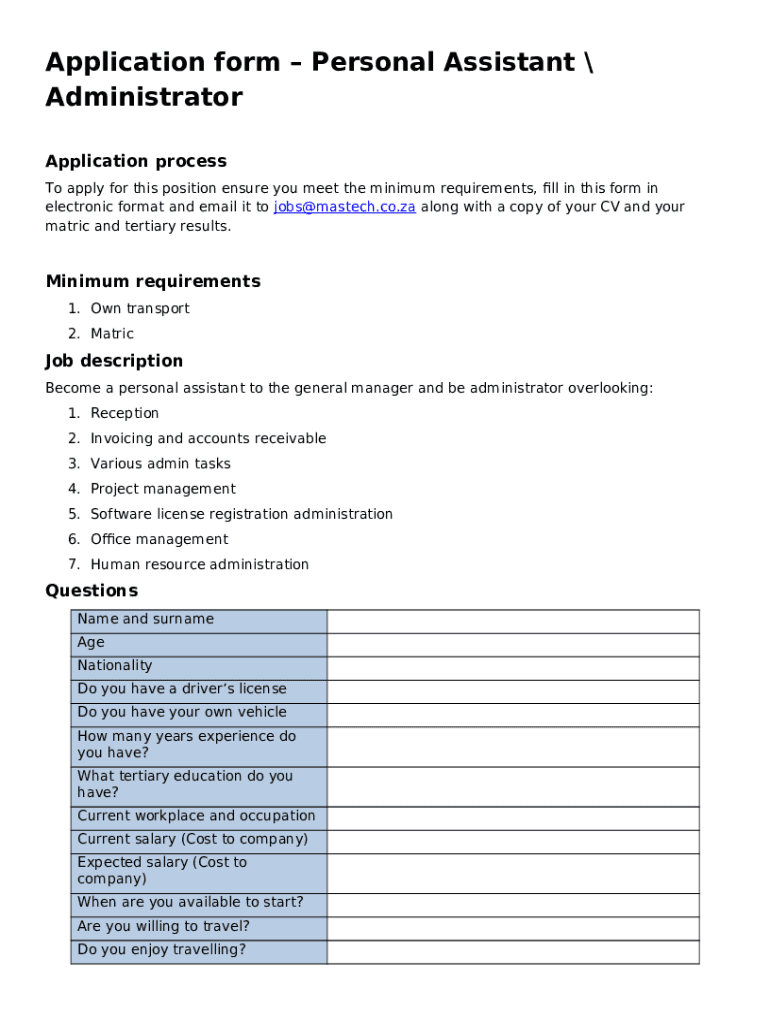 Personal Assistant Application Template - Jot Doc Template | pdfFiller