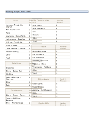 Monthly Budget Worksheet Doc Template | pdfFiller