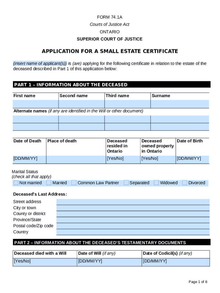 74.1A: Application For A Small Estate Certificate ... - Atticus s ...