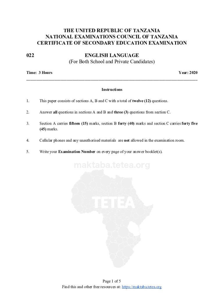 Fillable Online Form Four English Examination 2018 - Maktaba by TETEA ...