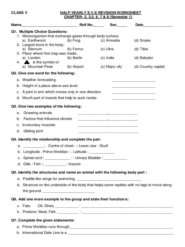 Fillable Online CLASS V HALF-YEARLY E.V.S REVISION WORKSHEET ... Fax ...