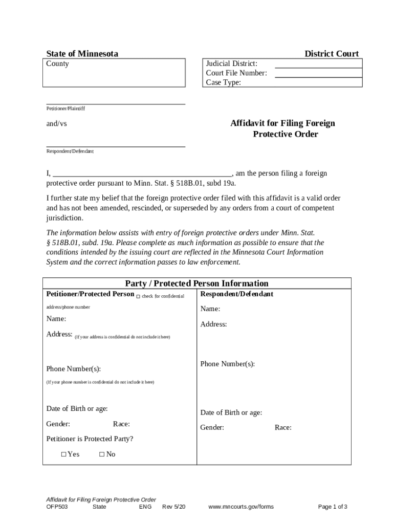 Affidavit For Filing Foreign Protective Order :: Minnesota ... Doc ...